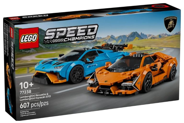 Shown below is LEGO Speed Champions 77238 Lamborghini Revuelto & Huracán STO. The set releases ...