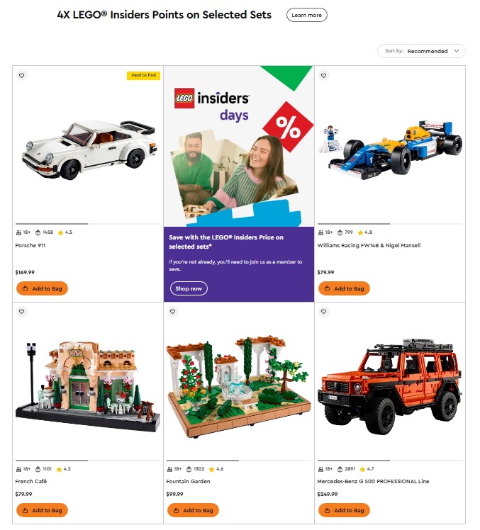 Shown below are some of the LEGO Insiders Member sale items in the US.