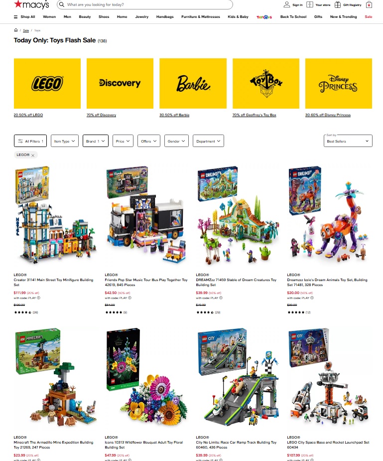 Shown below are some of the LEGO Flash Day sale items at Macy’s USA Online.
