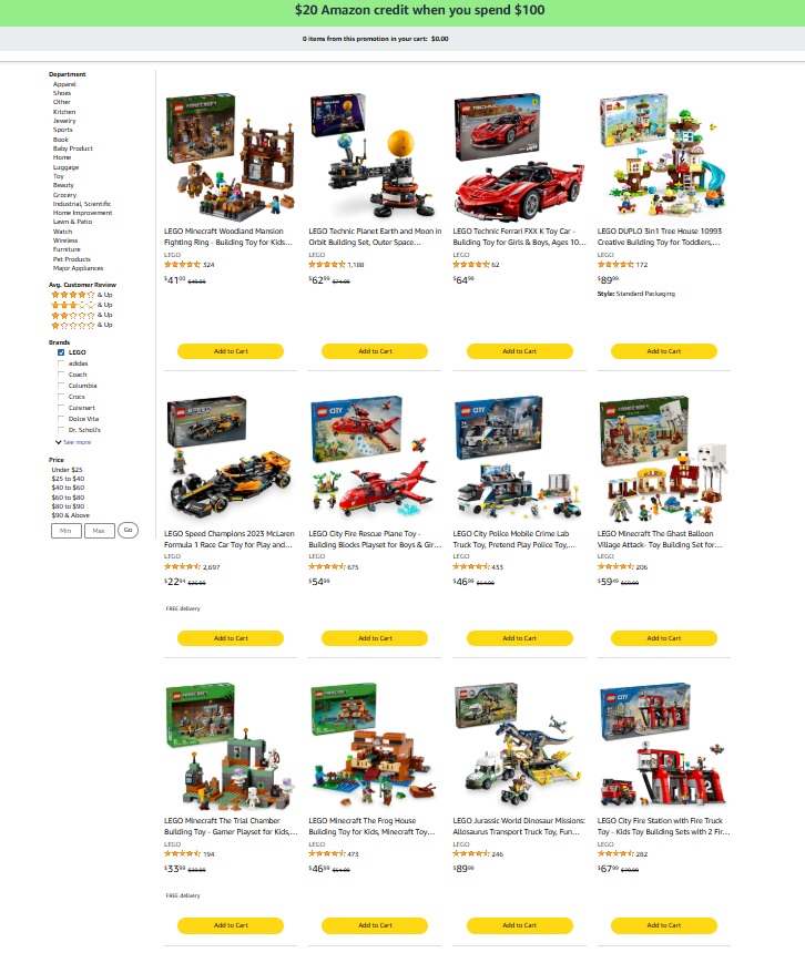 Amazon US LEGO September 2025 Amazon Credit Promo List