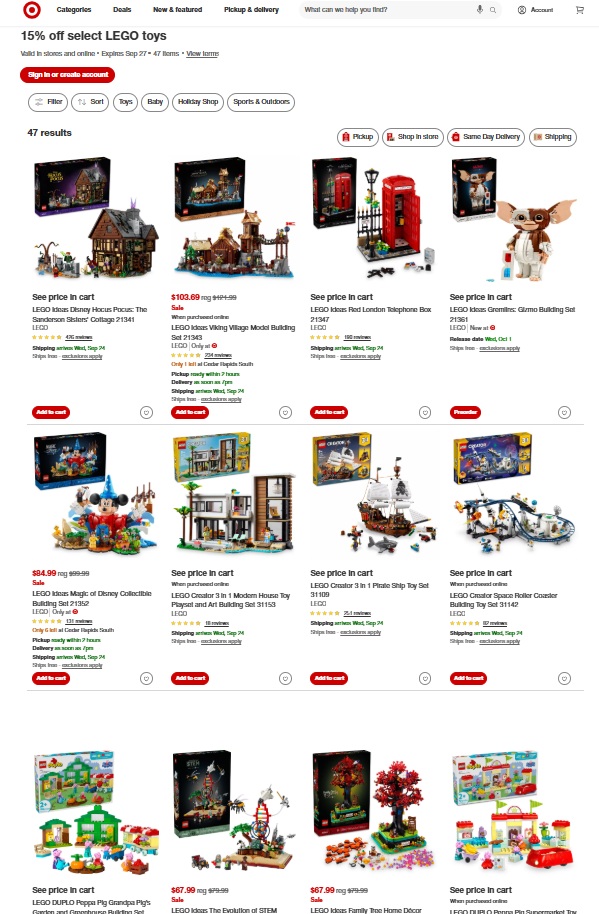 Target US LEGO Weekly Sale Late September 2025