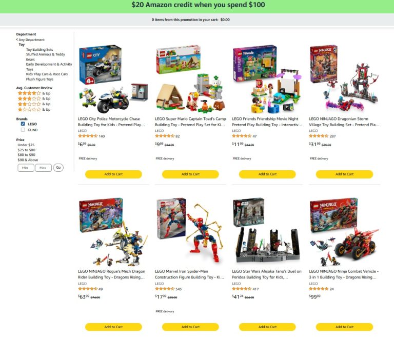 Amazon US LEGO December 2025 Promotional Offer $20 Credit