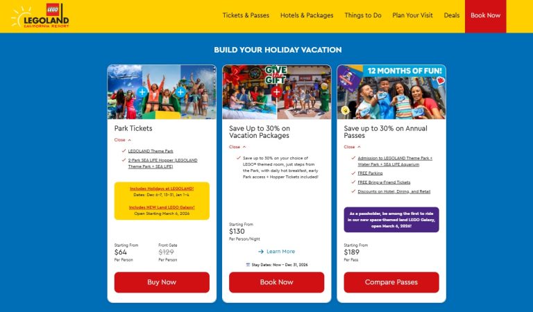 Shown below is the LEGOLAND California Landing Page for Tickets, Annual ...